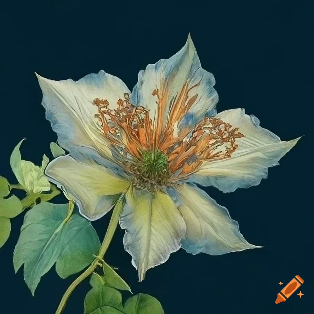 Detailed drawing of a double clematis in blue hour lighting on Craiyon