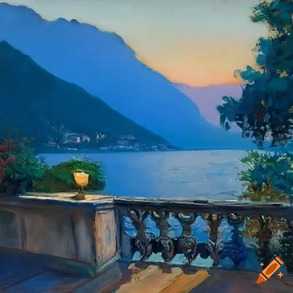 Impressionist painting of a patio overlooking Lake Como on Craiyon