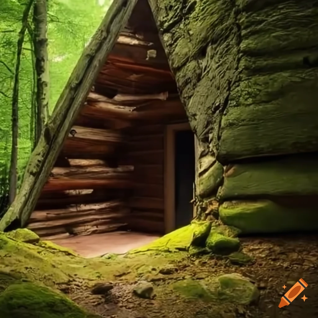 Wooden cabin hidden under a boulder in the forest on Craiyon
