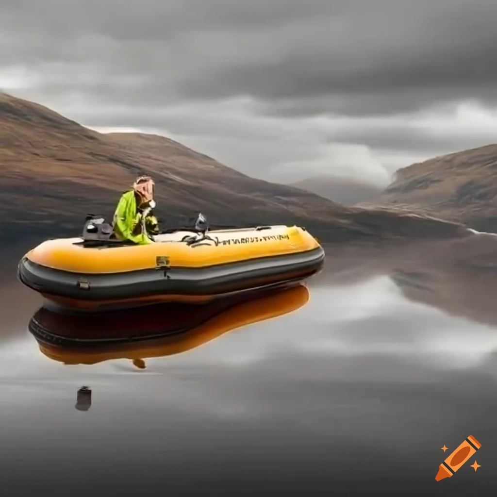 Inflatable boat soaring over a small island on a loch on Craiyon