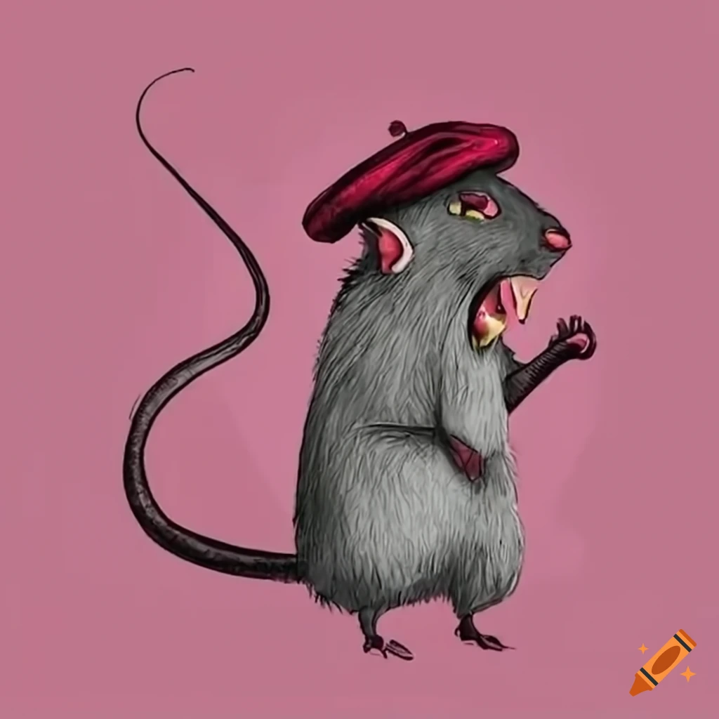 Surrealist illustration of an angry rat in a trash city on Craiyon