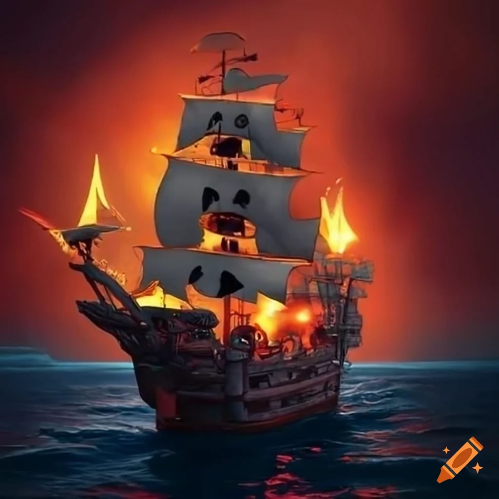 Sunny beach with a pirate ship on sparkling water on Craiyon