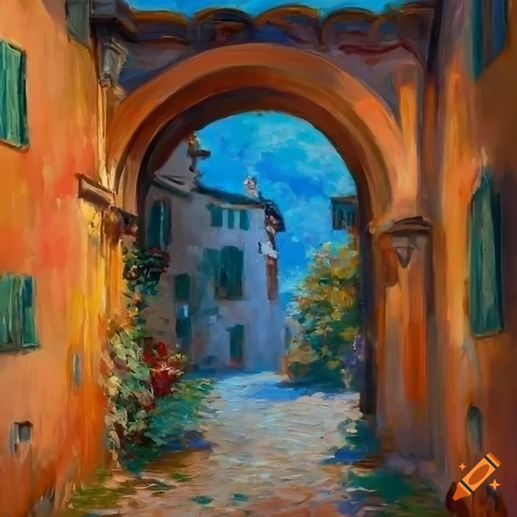 Impressionist painting of a charming Italian house with a courtyard on ...