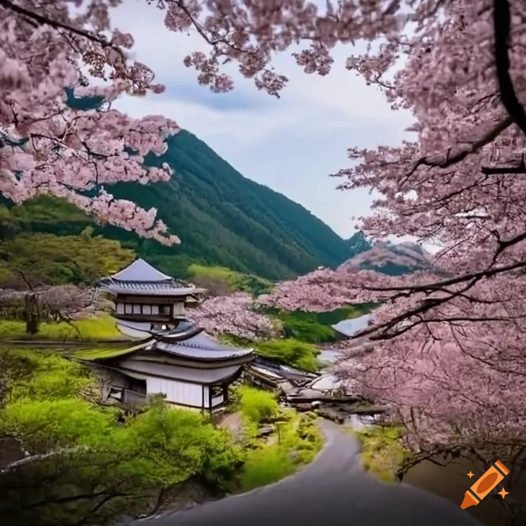 Cherry blossom forest in a Japanese village on Craiyon
