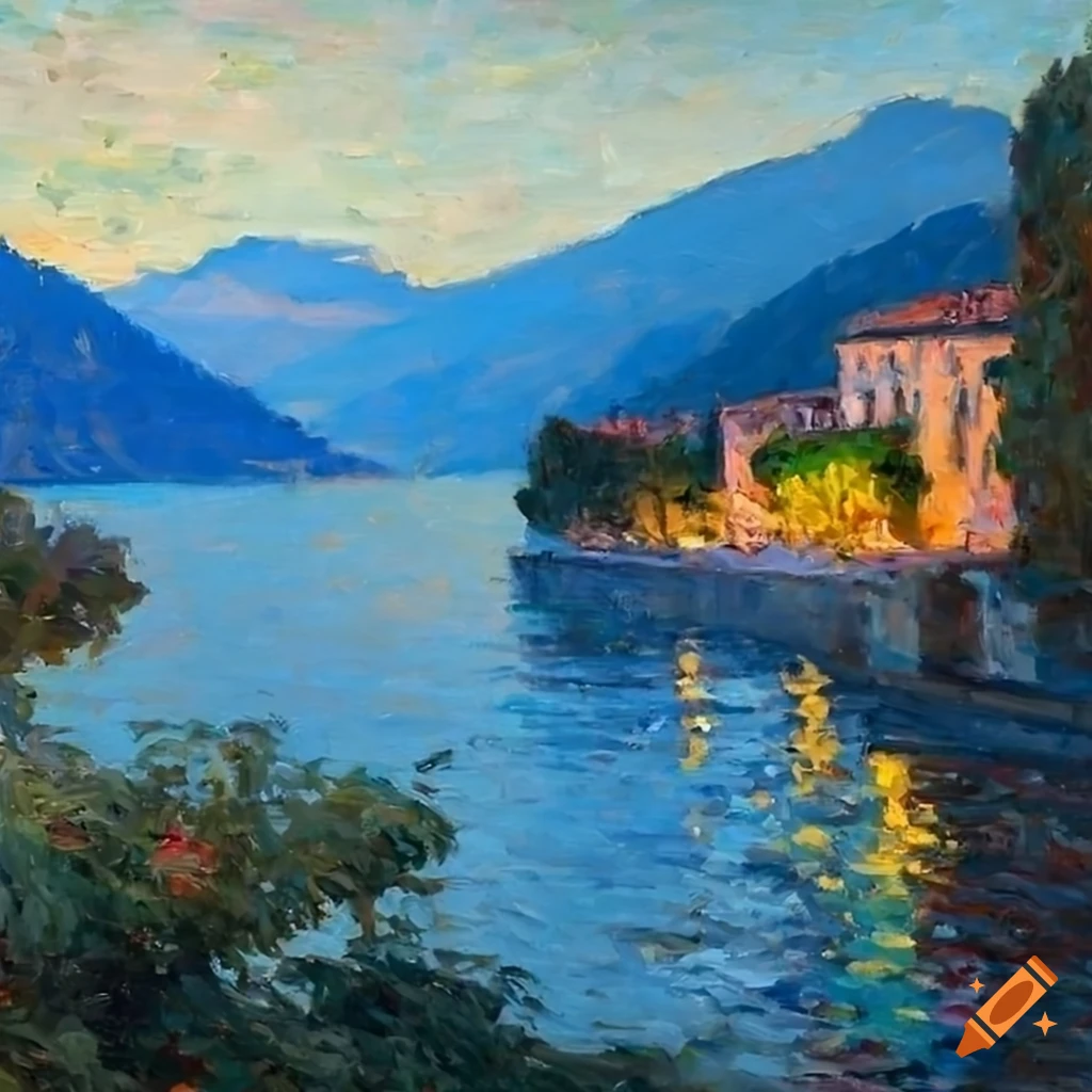Impressionist painting of a beautiful patio overlooking Lake Como on ...