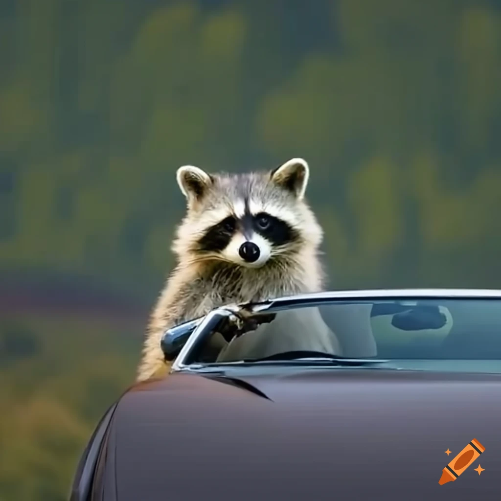 Funny image of a raccoon driving a convertible car on Craiyon