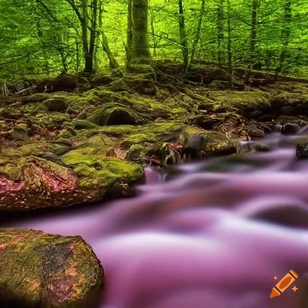 Pink pearl stream bed in a forest on Craiyon