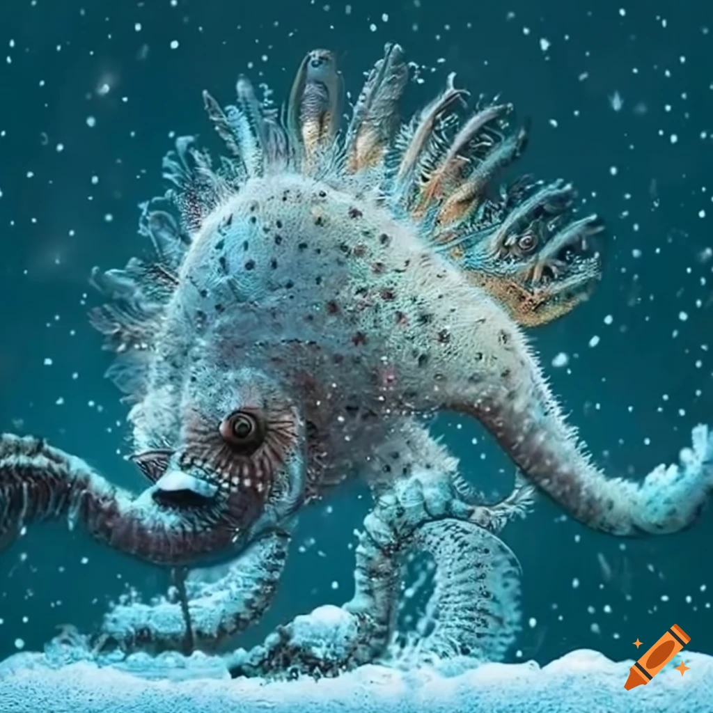 Illustration of cute creatures in snow near villages