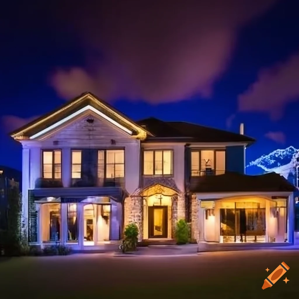 Impressive modern mansion with city lights at night