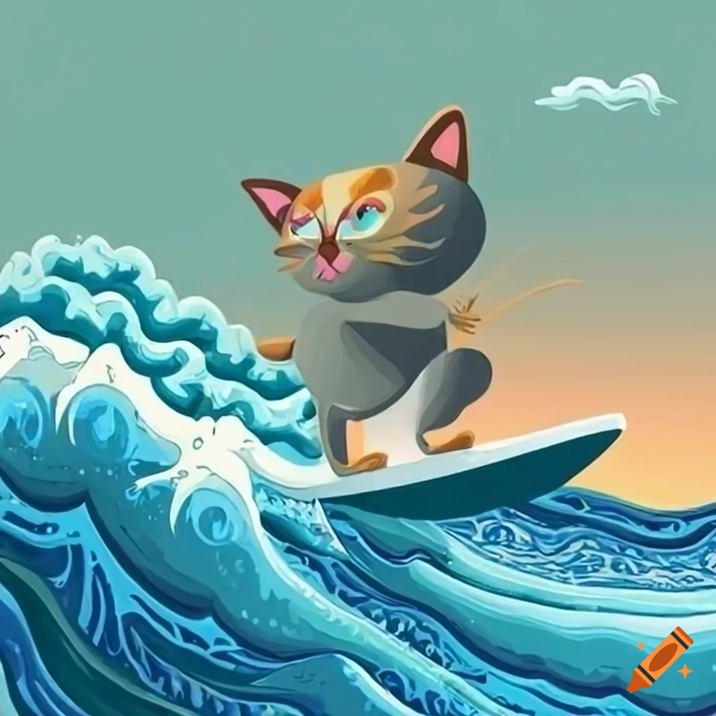 Cartoon art of a cat surfing on ocean waves