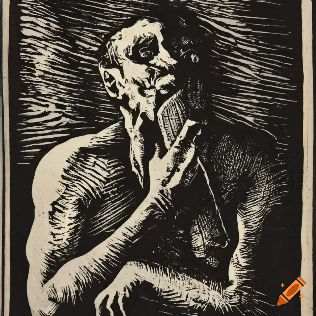 Woodcut etching of a broken man on Craiyon