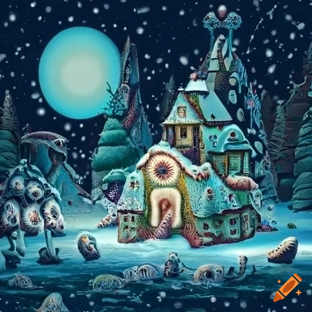 Haeckel creatures in snow-covered village on Craiyon