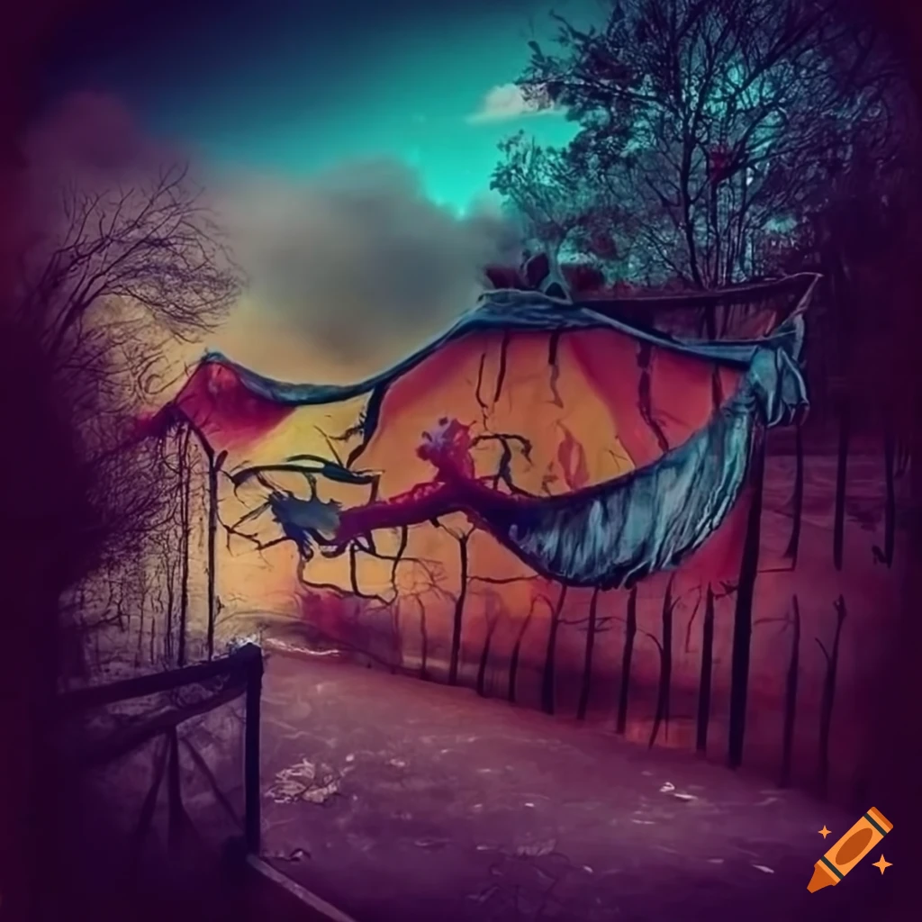 Surreal image of a circus park with hybrid creatures and graffiti on ...