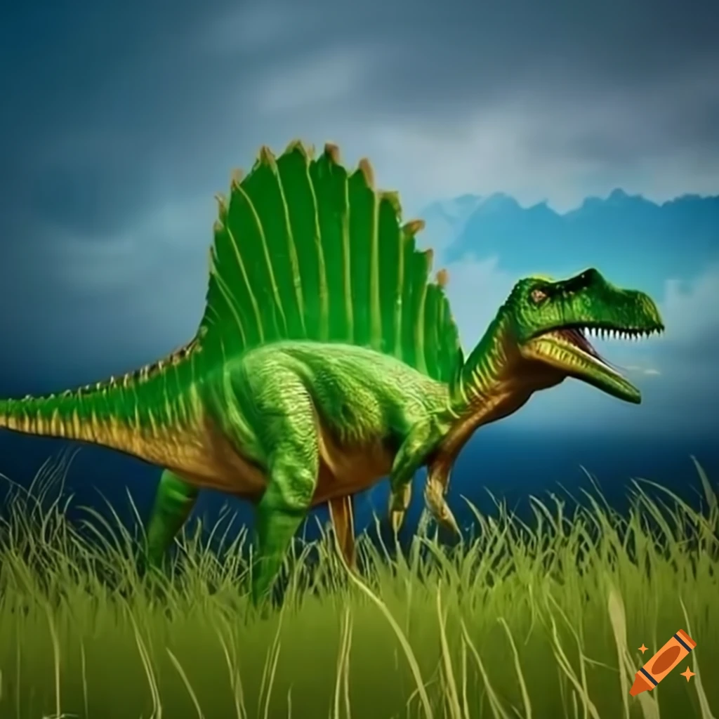 Illustration of a green Spinosaurus in tall grass on Craiyon