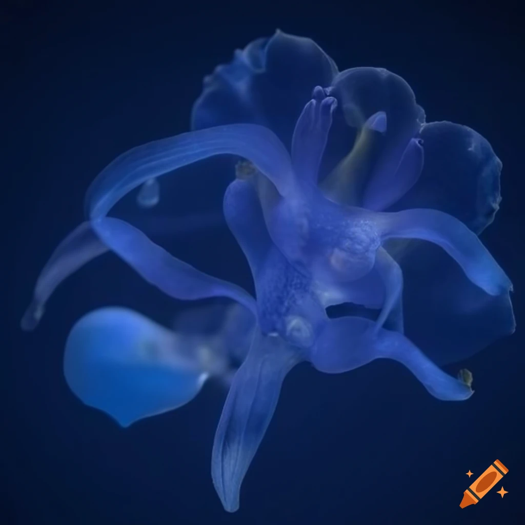 Translucent sea creature in dark blue underwater scene