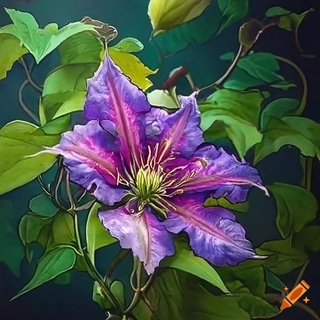 Detailed drawing of a clematis flower in William Morris and Alphonse ...