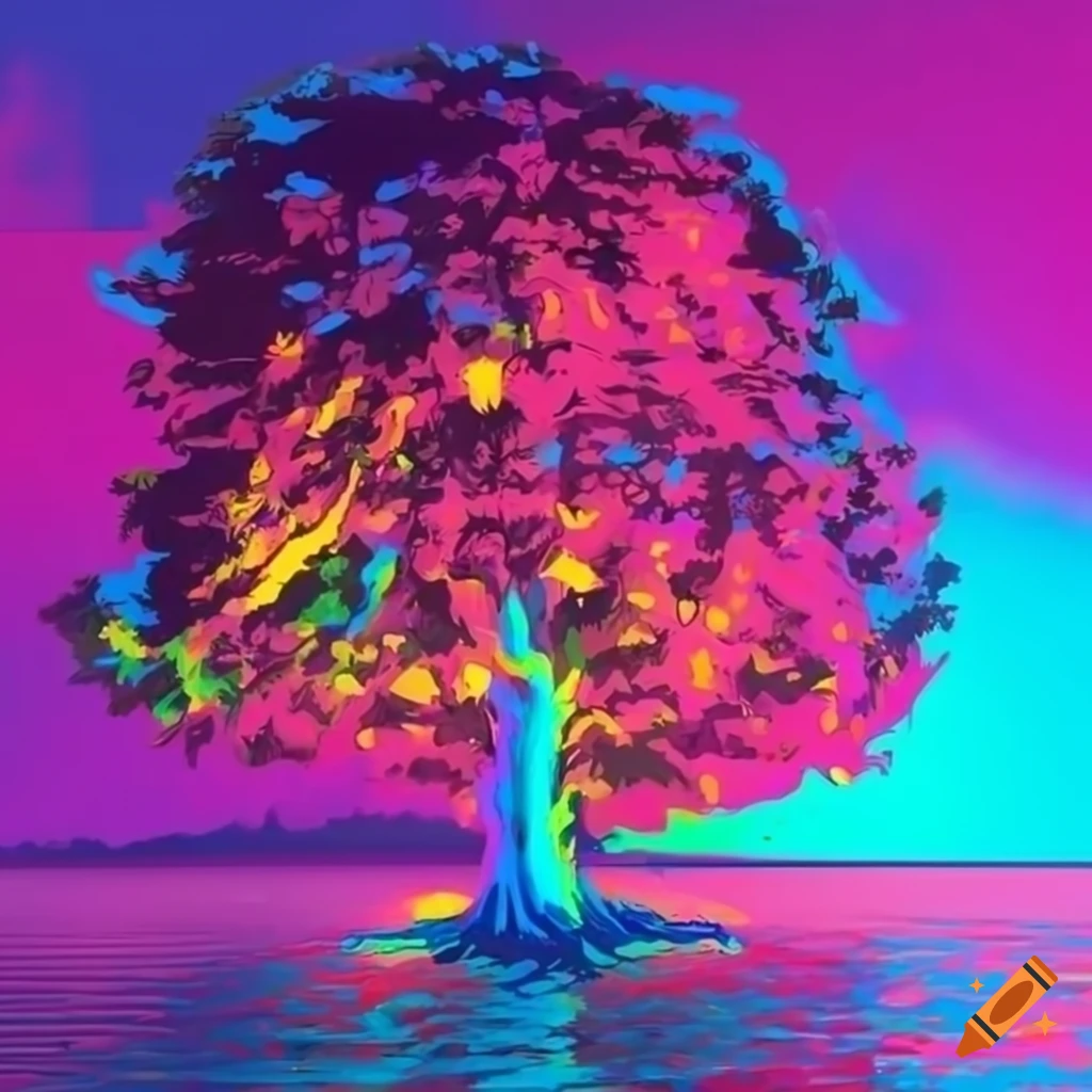 Vibrant neon-colored tree artwork on Craiyon