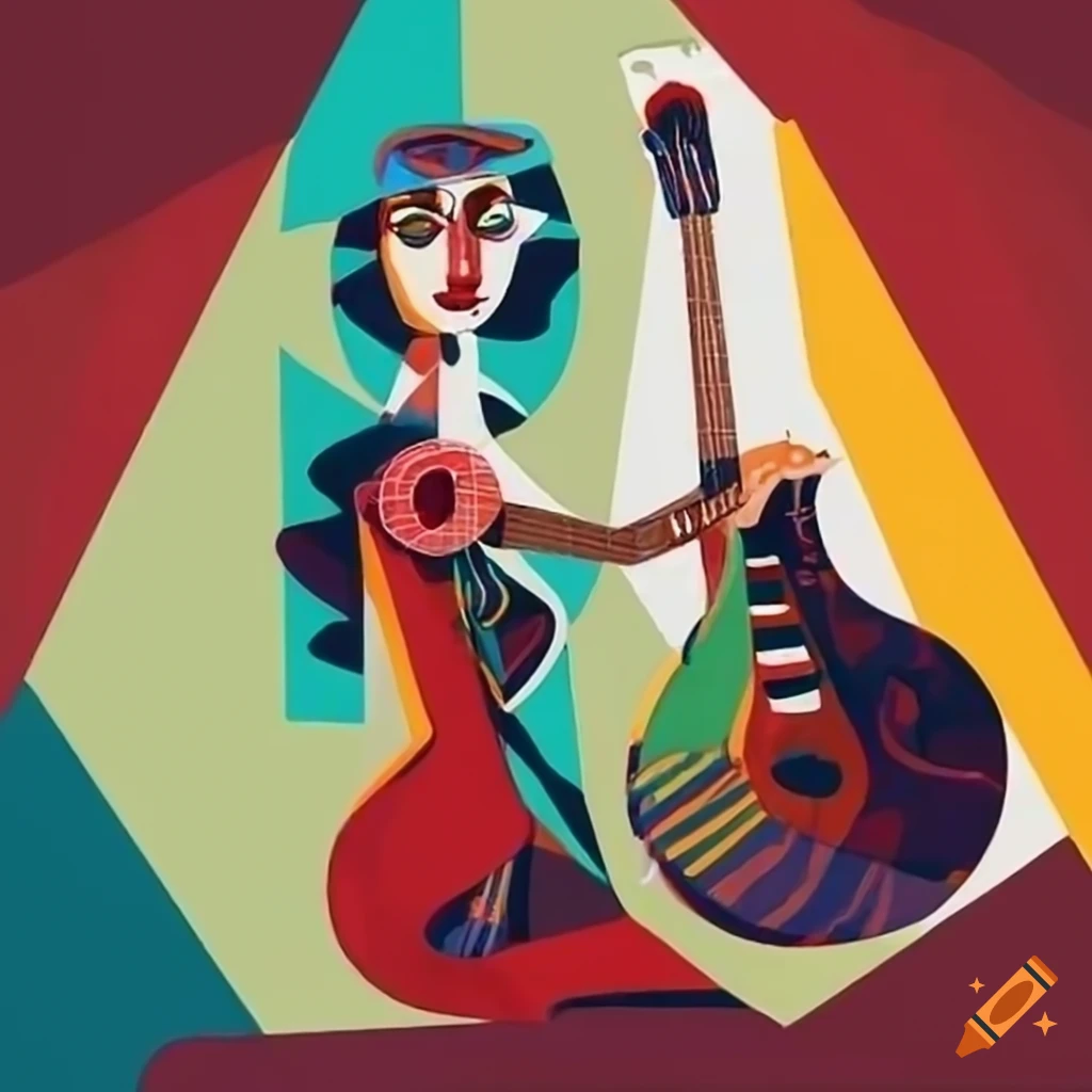 Picasso-style painting of a woman playing guitar in a mini dress on Craiyon