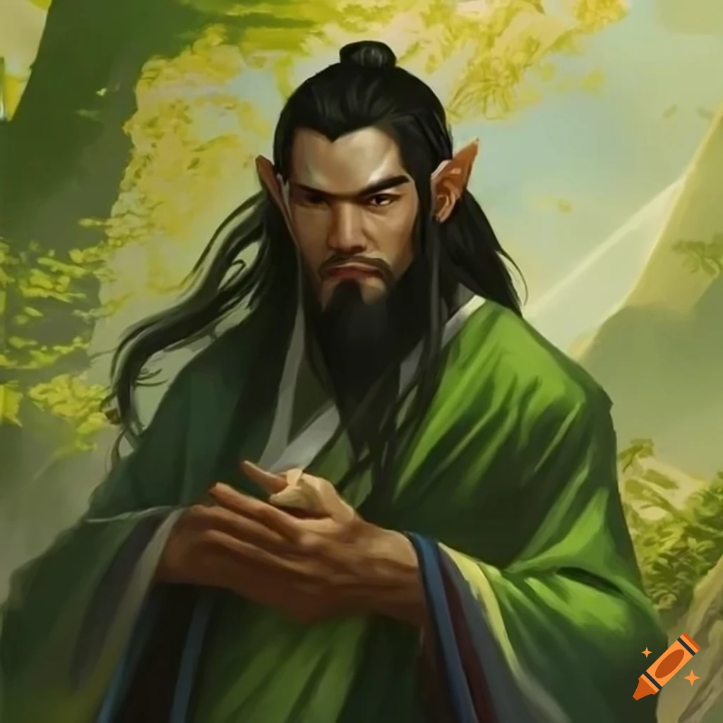 Asian elf male in ancient chinese clothing on a mountain path