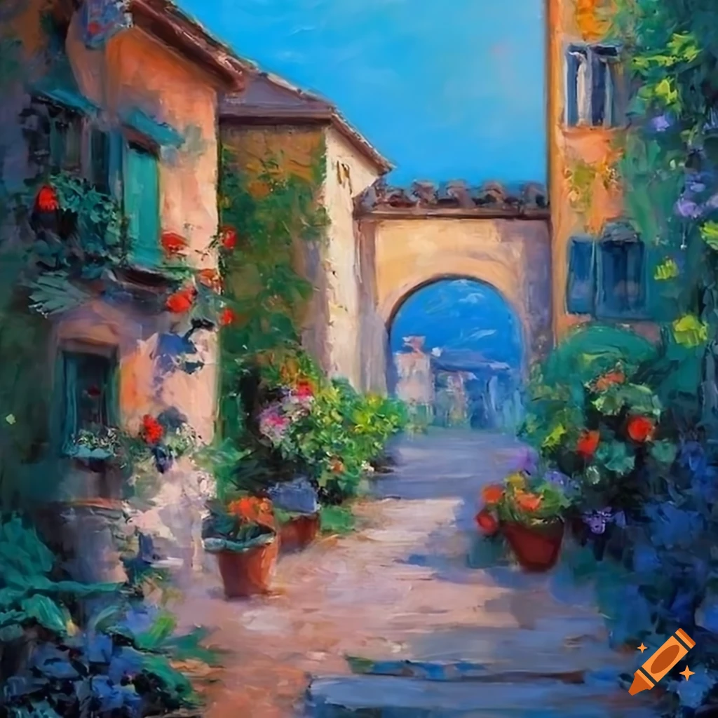 Impressionist painting of a charming Italian house with a courtyard on ...
