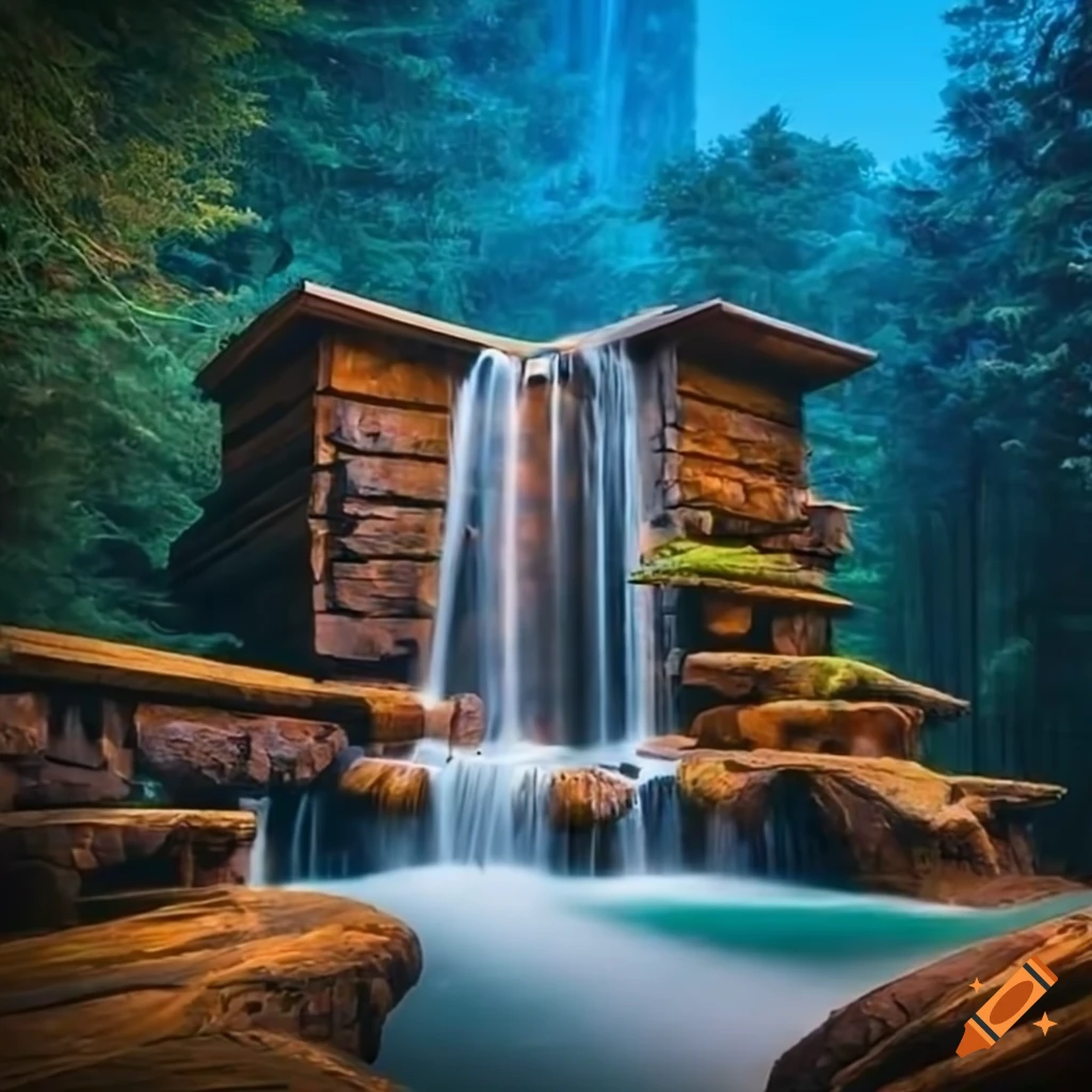 Modern mansion with waterfall in the forest at night on Craiyon