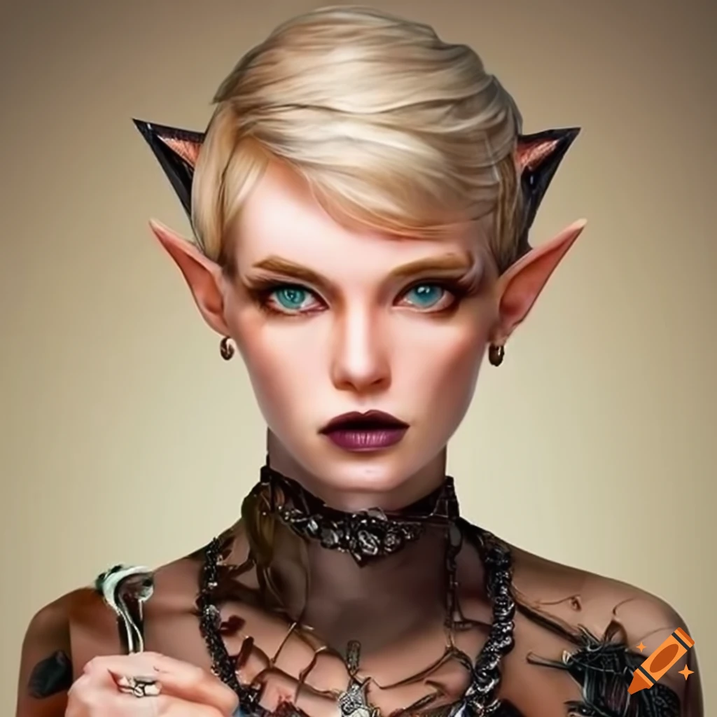 Punk elf woman with short blonde hair and light copper skin on Craiyon