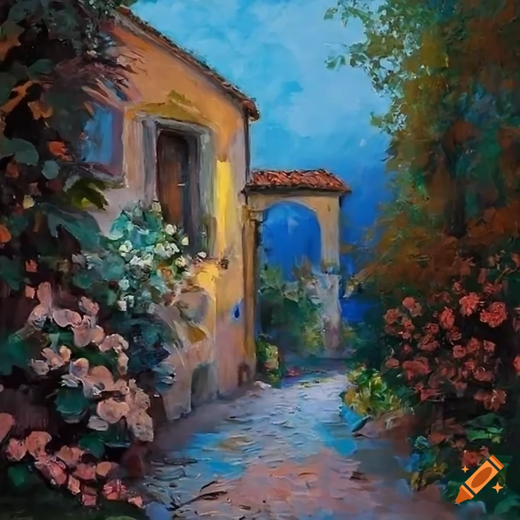 Impressionist painting of a charming Italian house with courtyard on ...