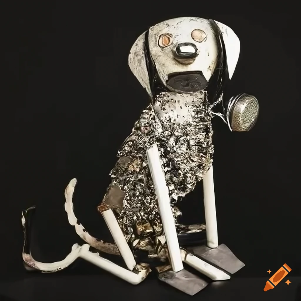 Sculpture of a labrador dog made of recycled objects on Craiyon