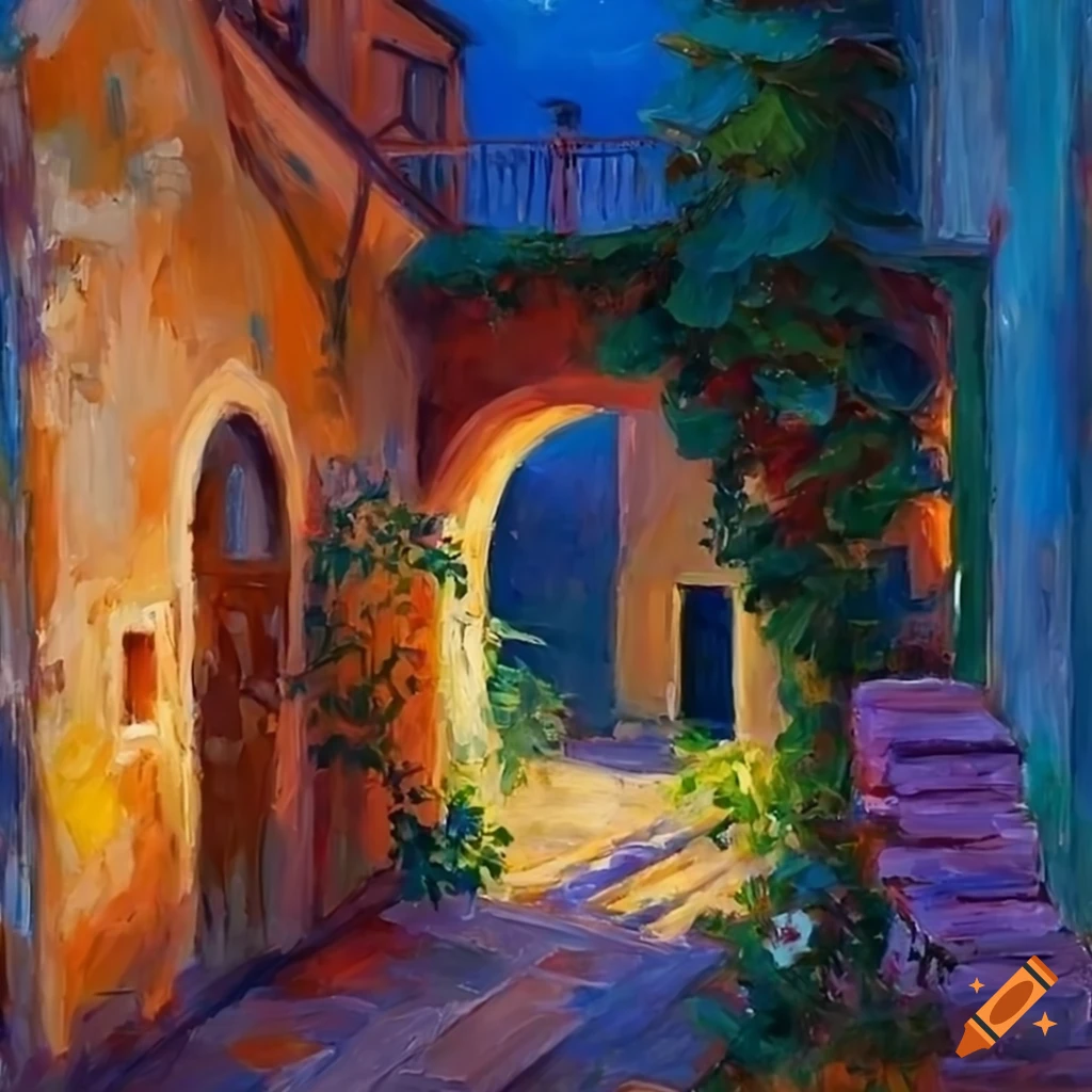 Impressionist painting of a charming Italian house with courtyard on ...
