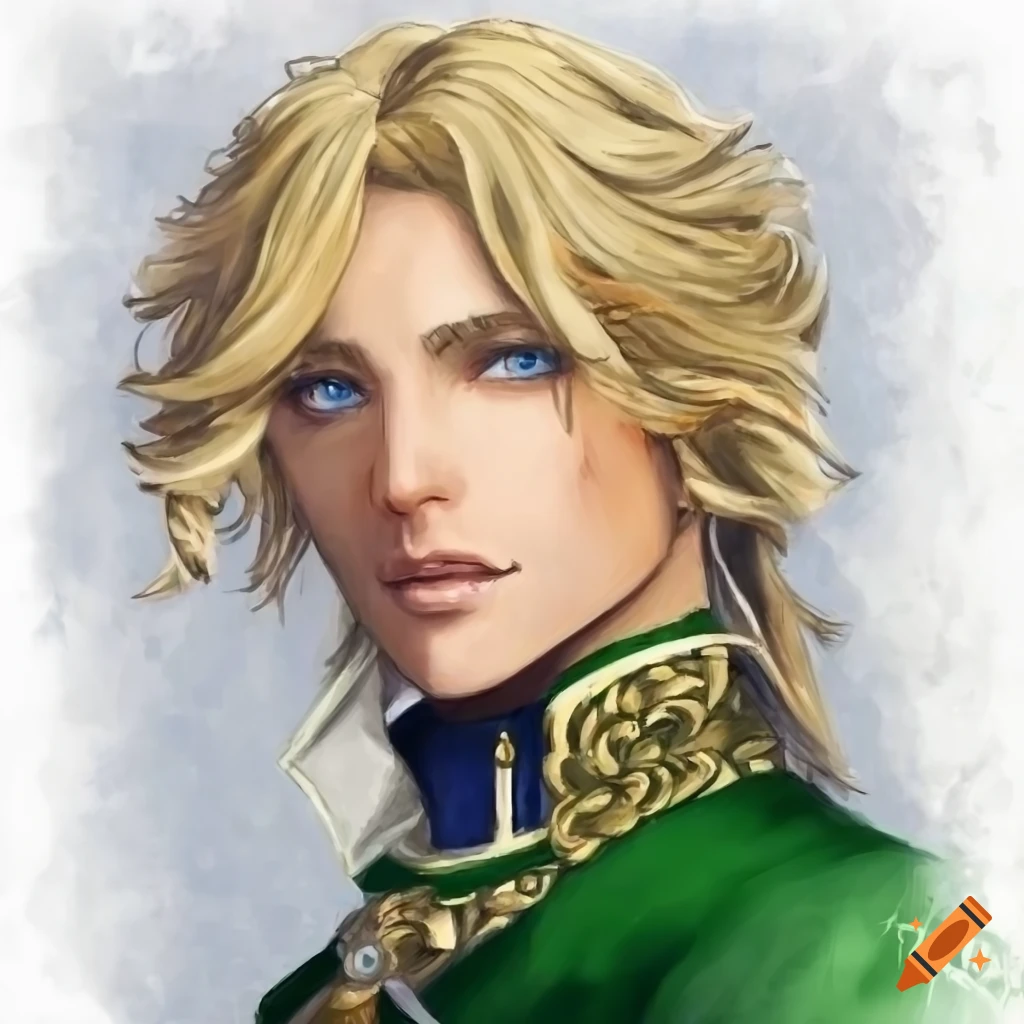 Detailed colored pencil drawing of roland from triangle strategy on Craiyon