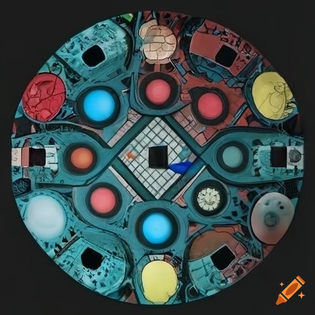 Bird's eye view of a dystopian board game on Craiyon