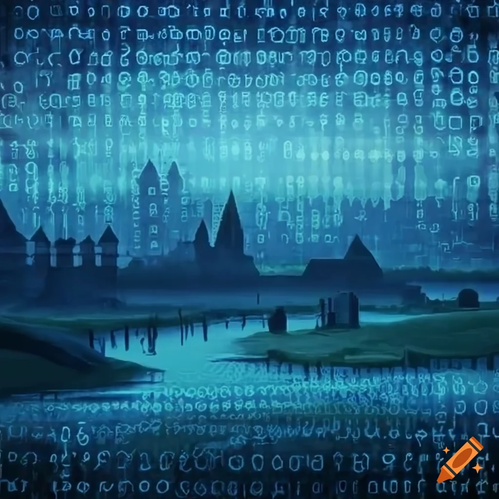 Blue binary code surrounding a medieval landscape