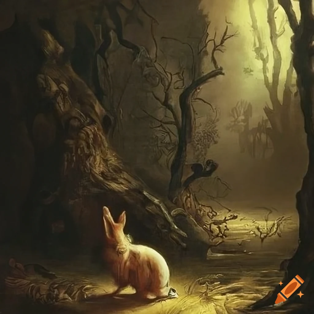 Dark forest with easter bunnies by gustav dore on Craiyon
