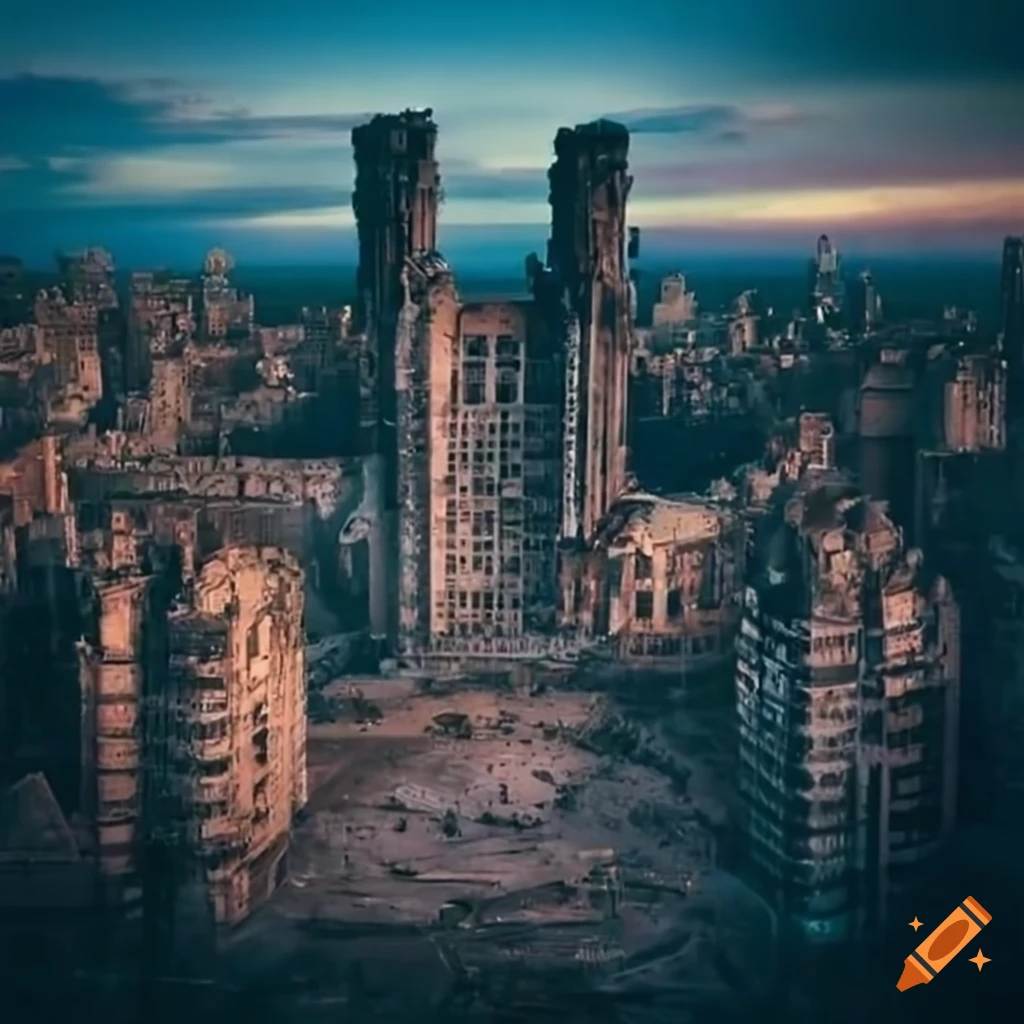 Aerial view of a war-torn urban city on Craiyon