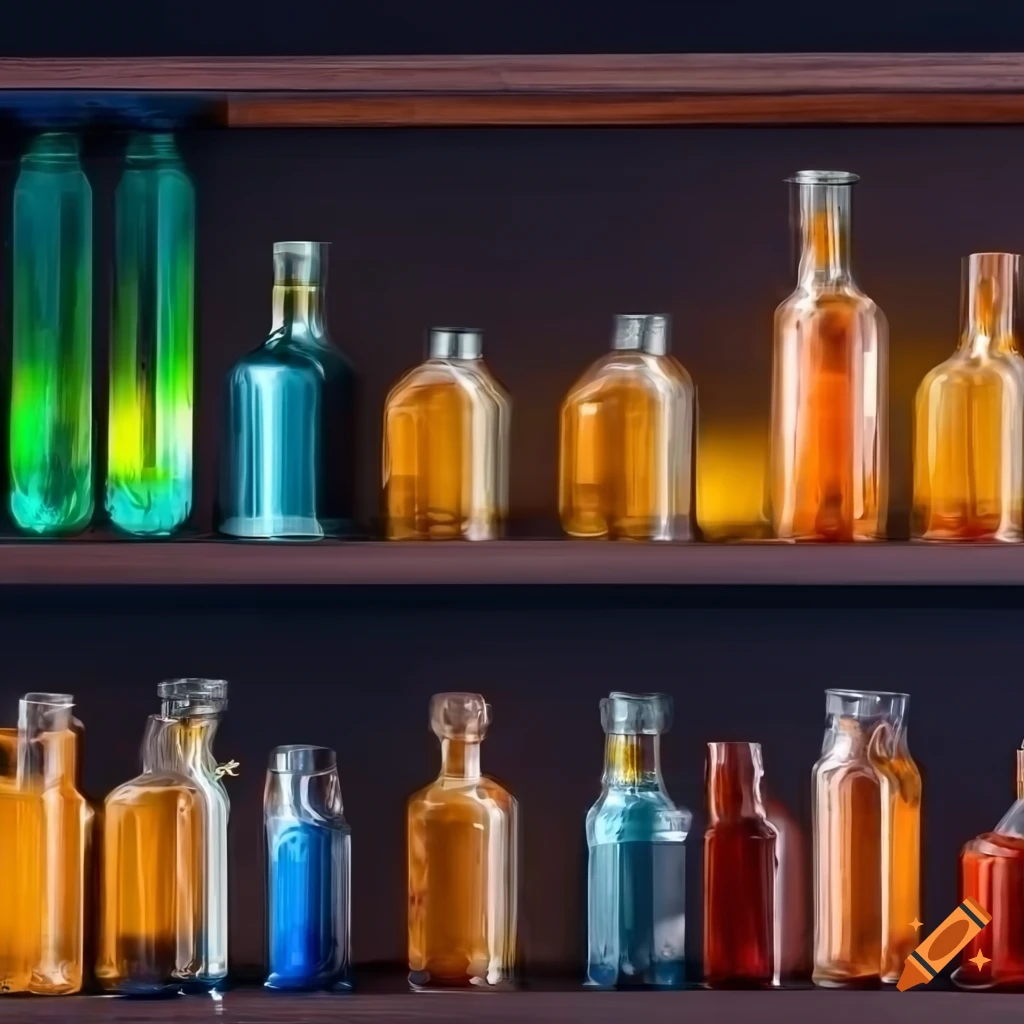 Dark and magical vials and ampoules on wooden shelves on Craiyon