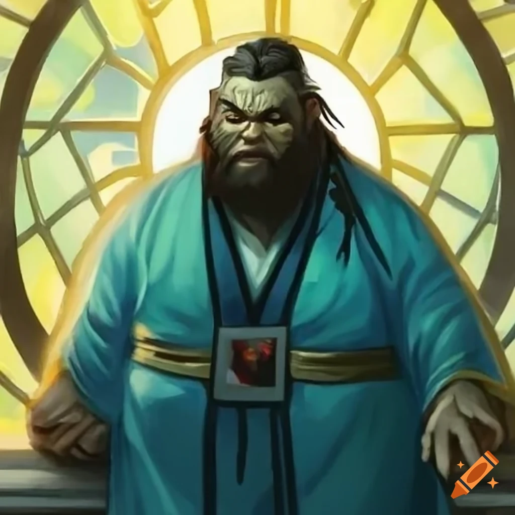 Illustration of a wise Asian dwarf practicing white magic on Craiyon