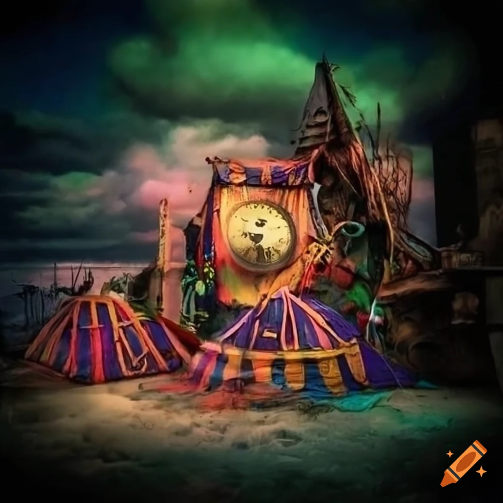 Surrealist circus voodoo parc with graffiti and hybrid creatures on Craiyon