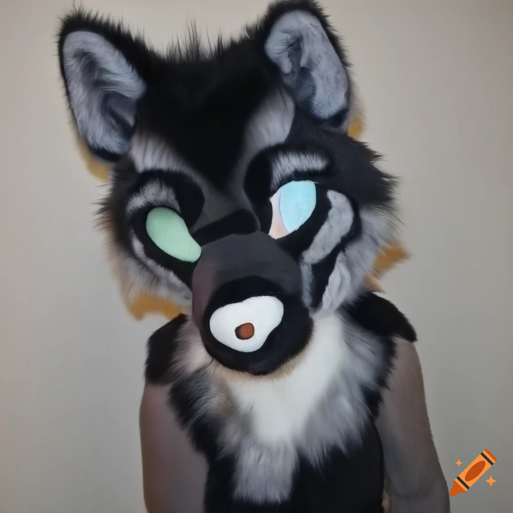 Anthro fursuit of a black wolf on Craiyon