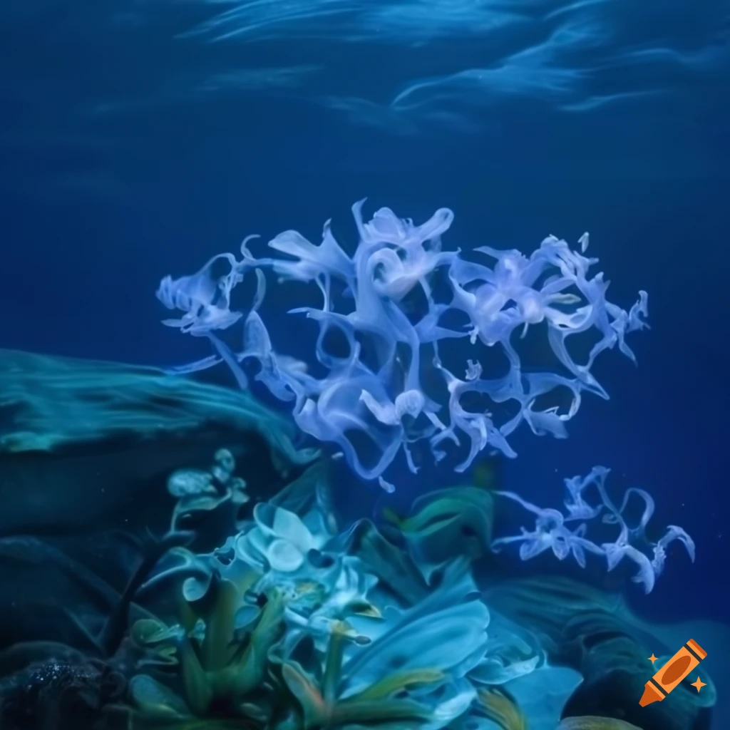 Orchid sea creature in a dark blue underwater scene