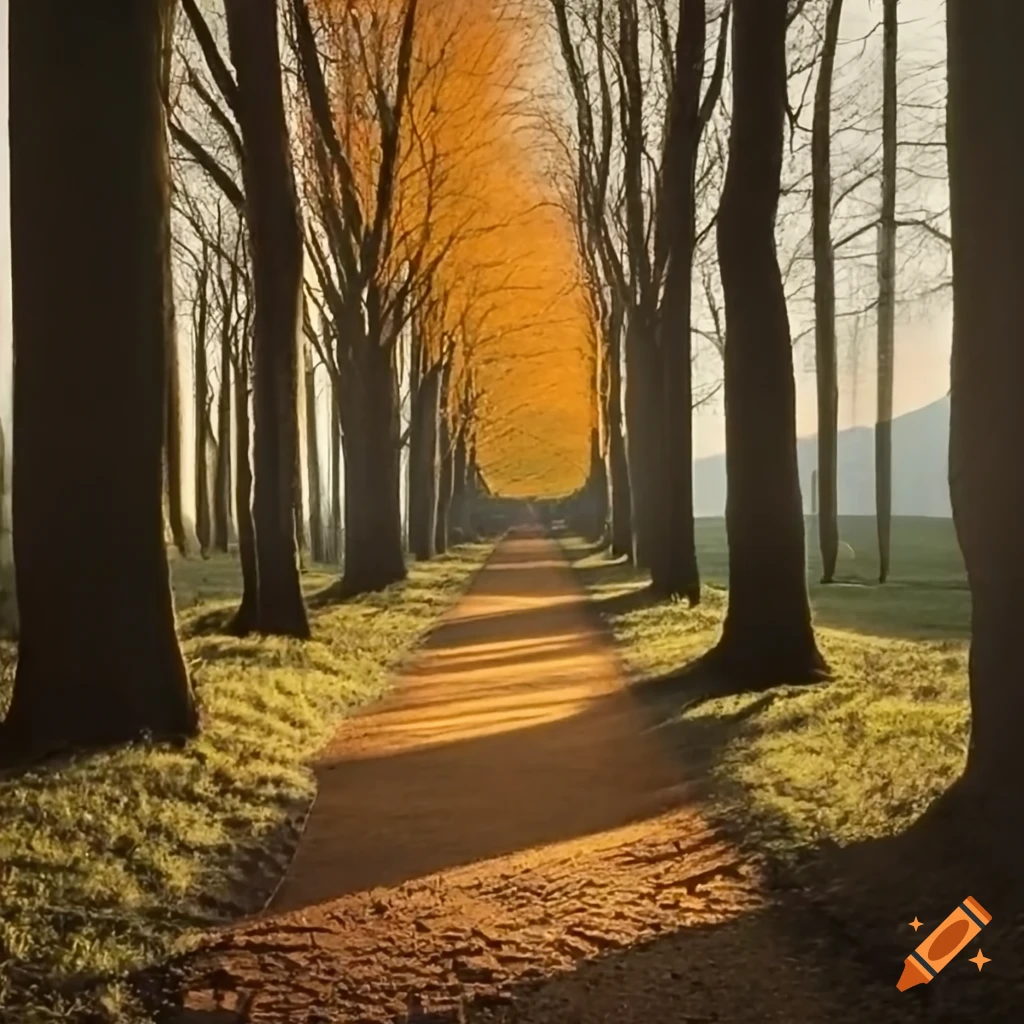 Sunlit path with thin trees leading into the horizon on Craiyon