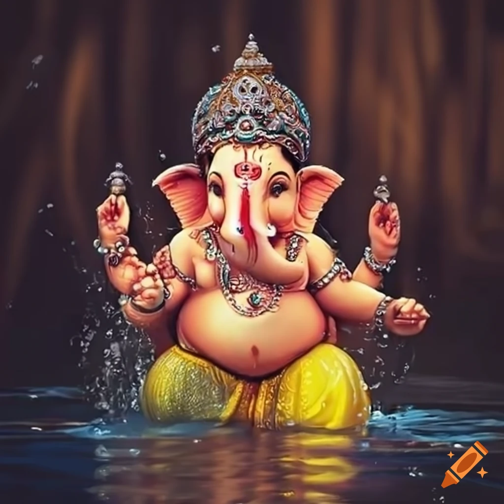 Image of bal ganesh playing in water on Craiyon