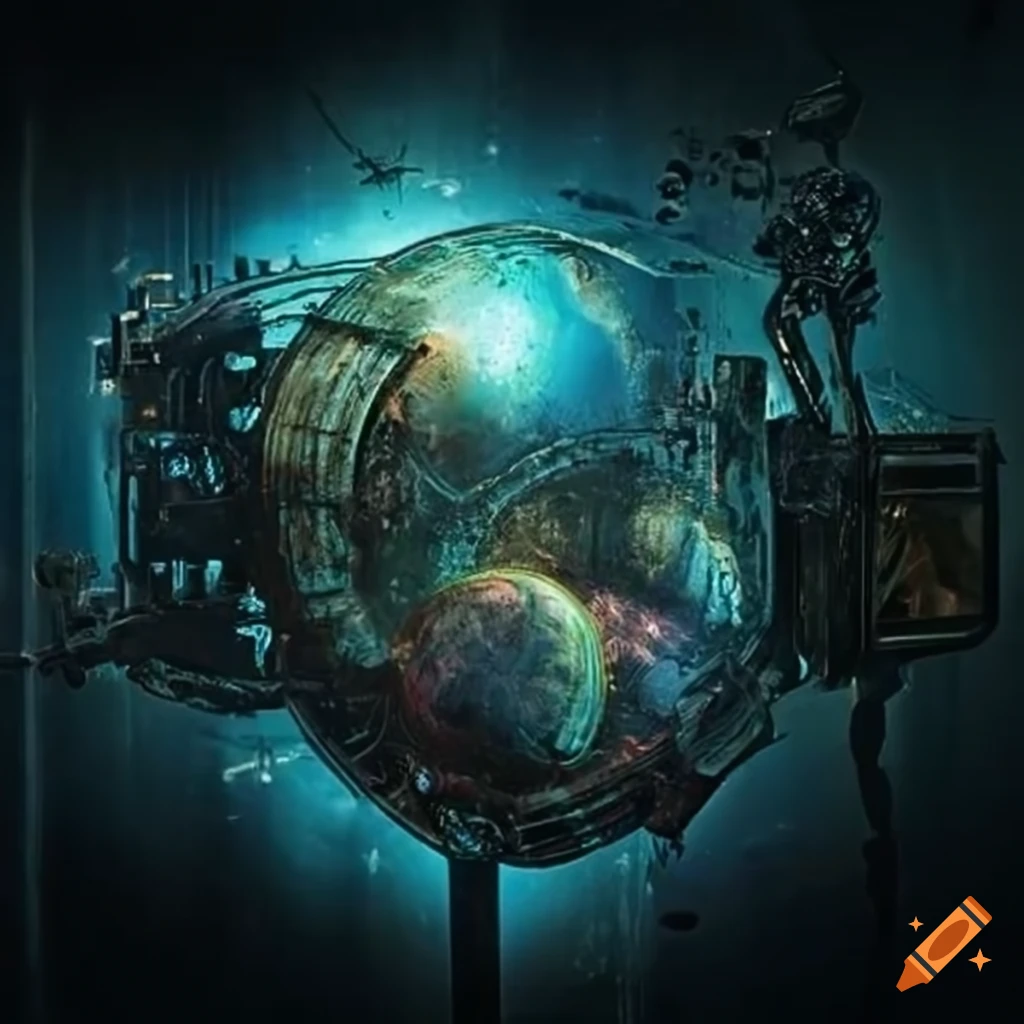 Surrealist artwork of an alien spaceship machine surrounded by computer ...