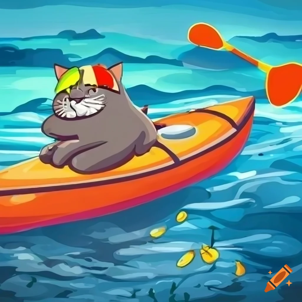 Cartoon art of a cat kayaking on the ocean on Craiyon
