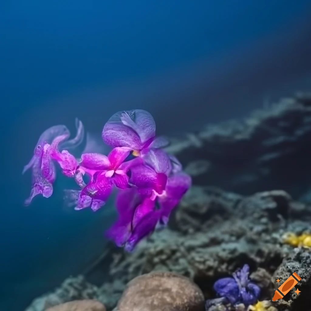 Wild orchid sea creature in dark blue underwater scene on Craiyon