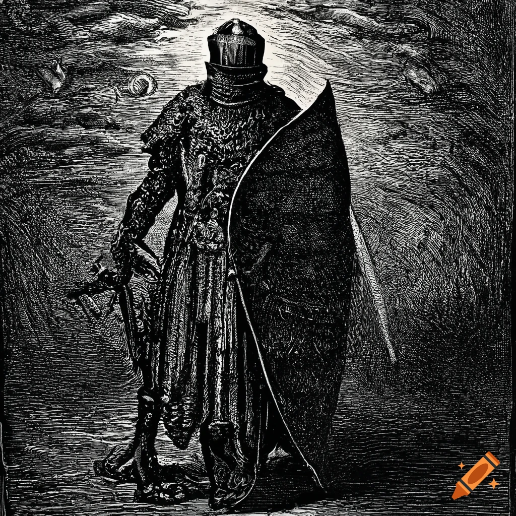Engraving of a black knight in Gustave Dore style on Craiyon