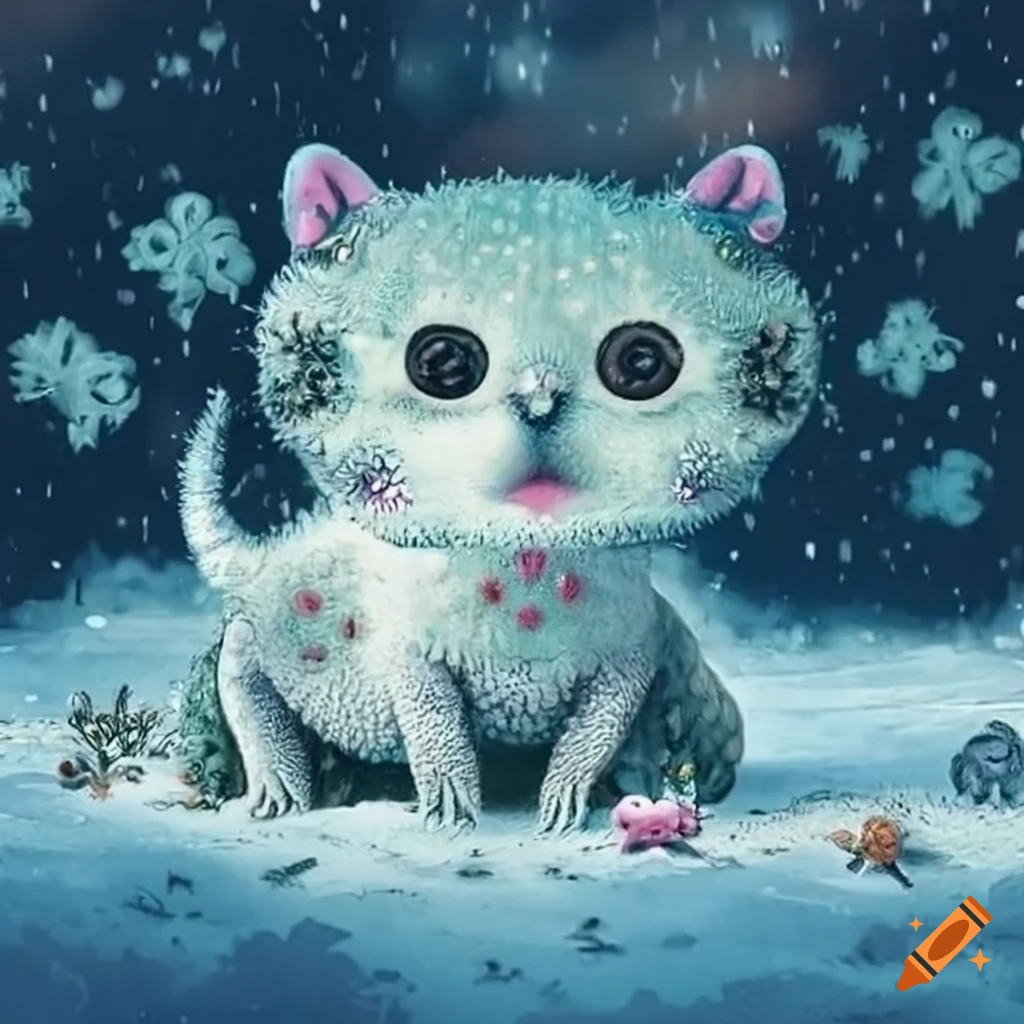 Illustration of cute creatures in snow near villages on Craiyon