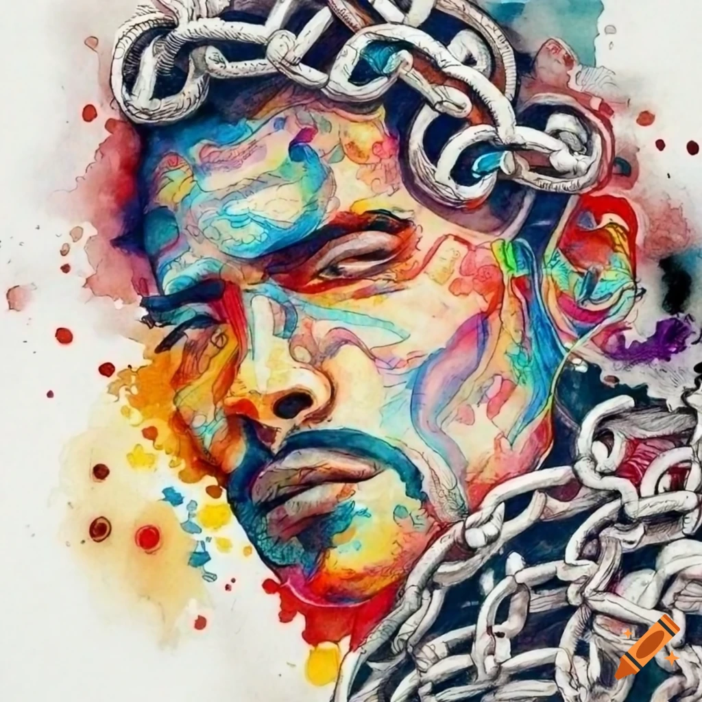 Pen illustration of a man in chains on Craiyon