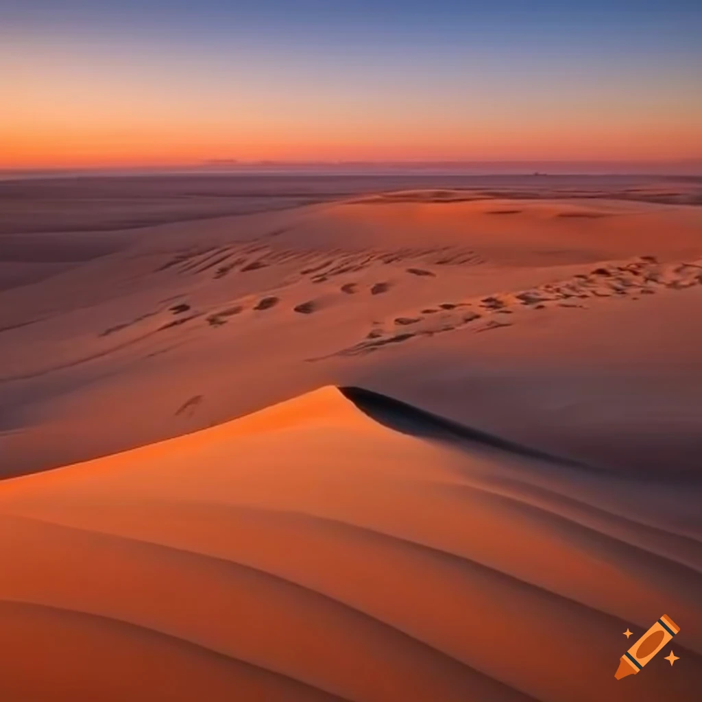 View of a desert at dawn with an oasis in the distance on Craiyon