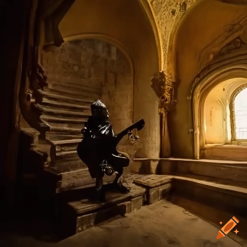 Knight playing a guitar in a castle on Craiyon