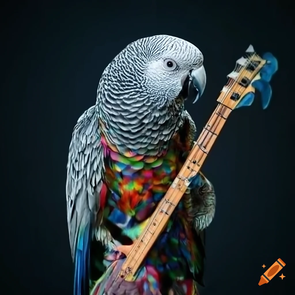 Psychedelic african gray parrot playing electric bass